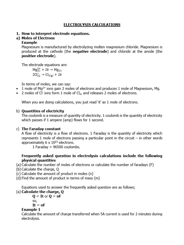 Typed Up Electrolysis Calculations | PDF | Electrode | Magnesium