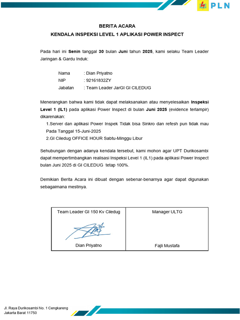 BA Kendala Inspeksi Power Inspect IL2 GI CILEDUG | PDF