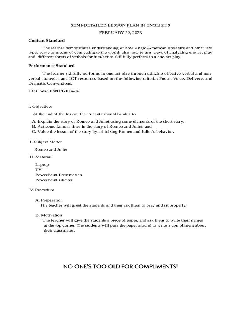 English 9 Lesson Plan: Romeo and Juliet | PDF | Lesson Plan ...