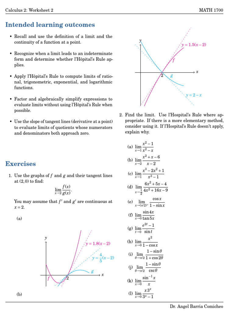 Calculus 2 Limits and L'Hôpital's Rule Worksheet | PDF | Trigonometric ...