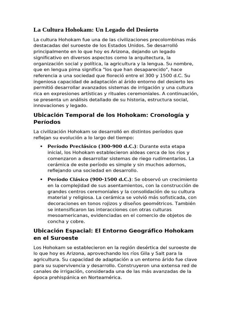 Cultura Hohokam: Legado y Adaptación | PDF | Mesoamérica | Desierto