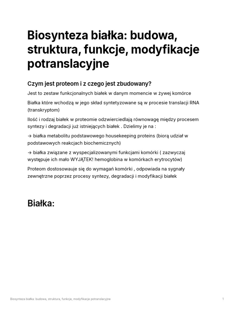 Biosynteza Biaka Budowa Struktura Funkcje Modyfikacje Potranslacyjne | PDF
