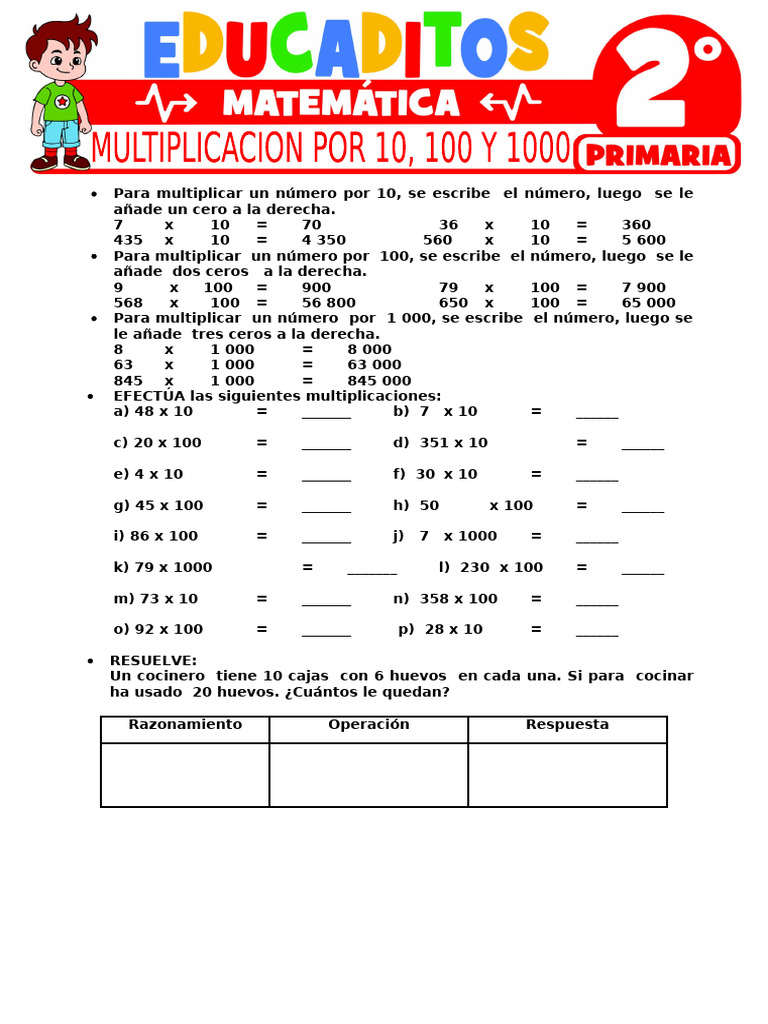 Multiplicacion Por 10 100 y 1000 para Segundo Grado de Primaria | PDF