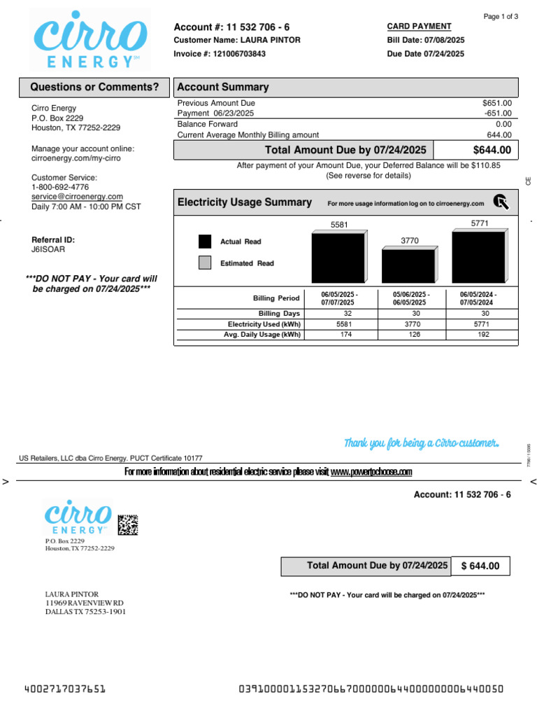 Cirro Energy Account Summary for Laura Pintor | PDF | Payments