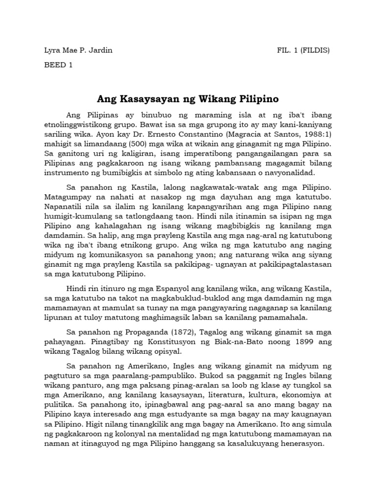 Ang Kasaysayan NG Wikang Filipino | PDF