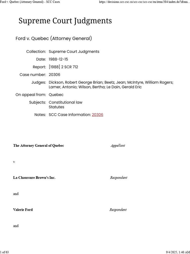 Ford v. Quebec (Attorney General) - SCC Cases | PDF | Act Of Parliament ...