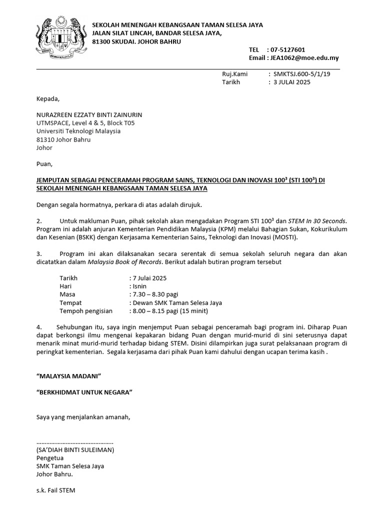 Surat Jemputan Program Sti 1003 | PDF