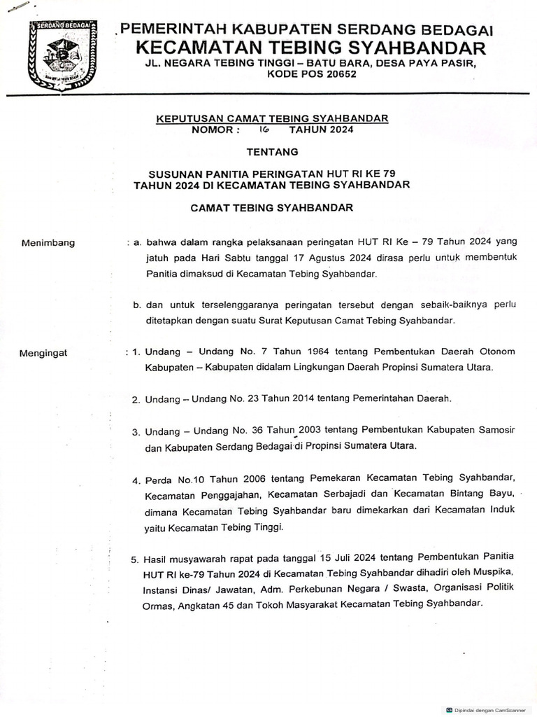 Surat Keputusan (SK) Susunan Panitia Peringatan Hut Ri Ke 79 Tahun 2024 | PDF