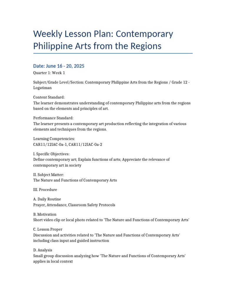 CPAR Weekly Lesson Plan Full June-Dec 2025 | PDF | Learning | Teachers