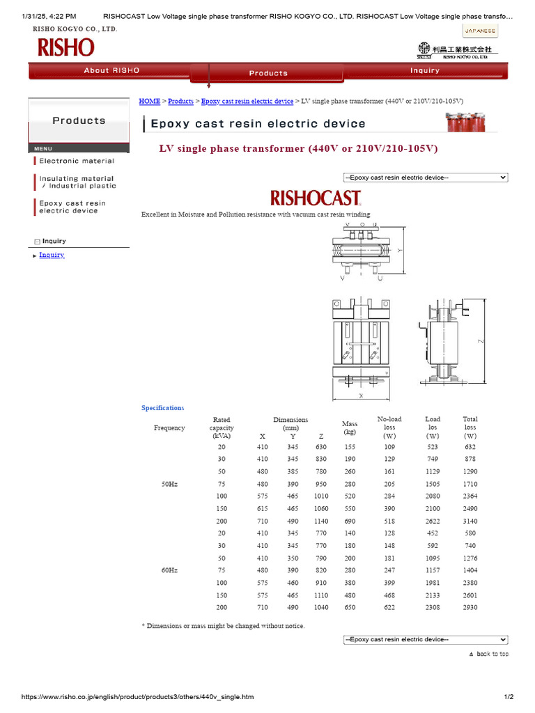 RISHOCAST Low Voltage Single Phase Transformer RISHO KOGYO CO., LTD ...