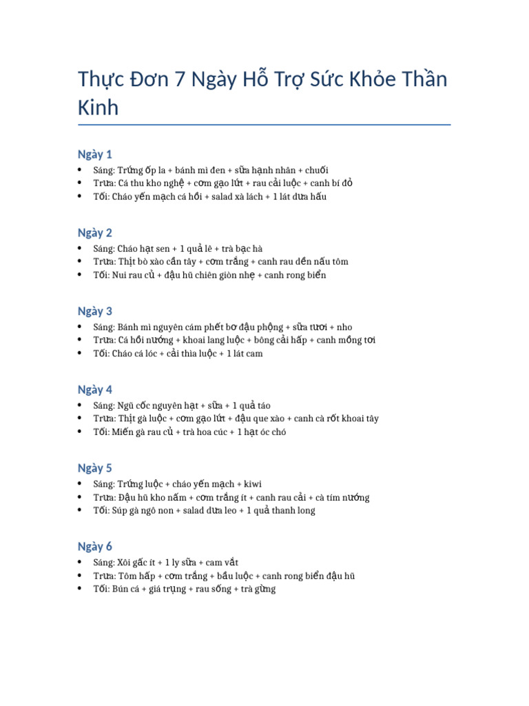Thuc Don 7 Ngay Day Du Chat Ho Tro Than Kinh | PDF