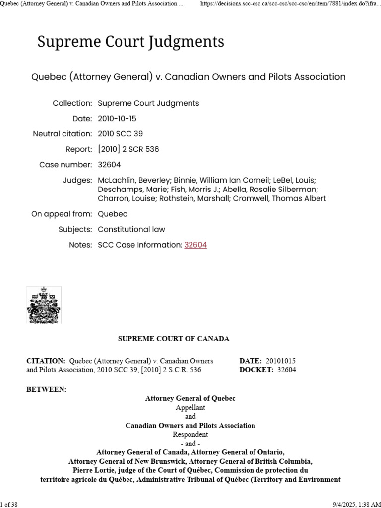 Quebec (Attorney General) v. Canadian Owners and Pilots Association ...