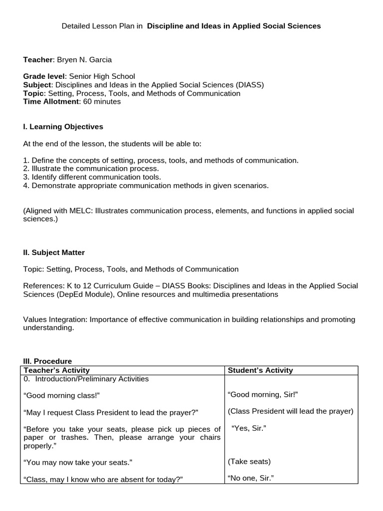 Diass Detailed Lesson Plan | PDF | Communication | Teachers