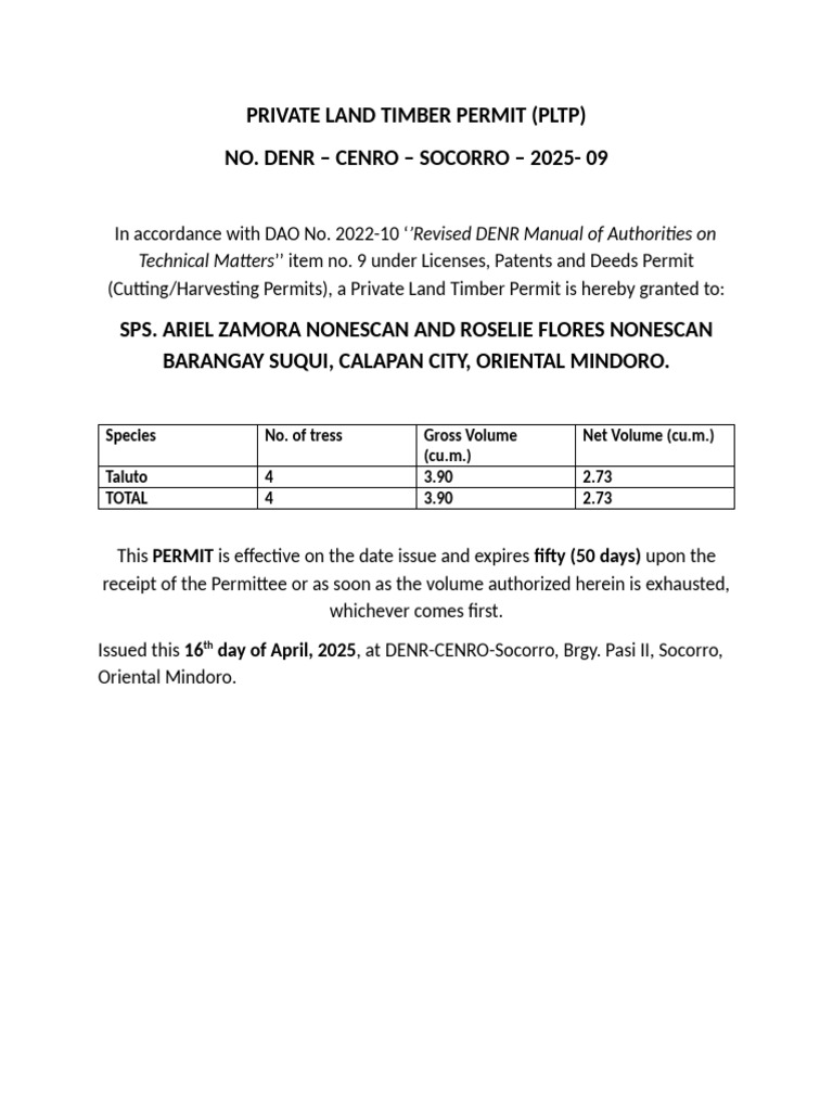 Private Land Timber Permit Tarpulin 4x8 | PDF