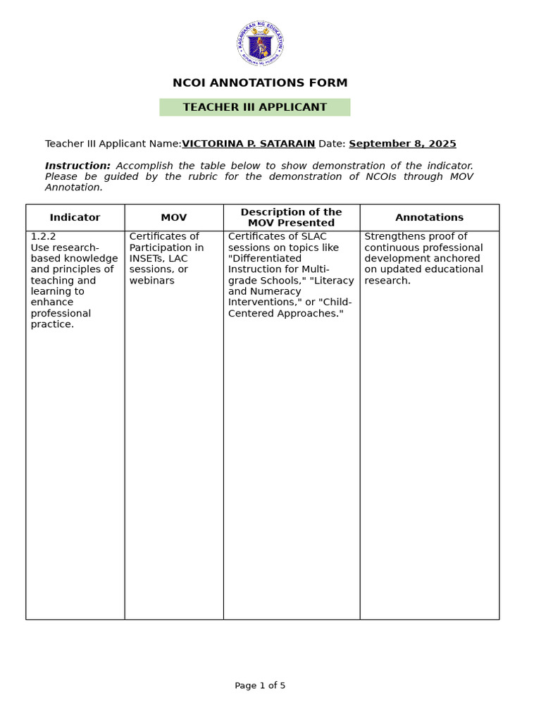 NCOI Annotations Form For Teacher III Applicant | PDF | Learning | Annotation