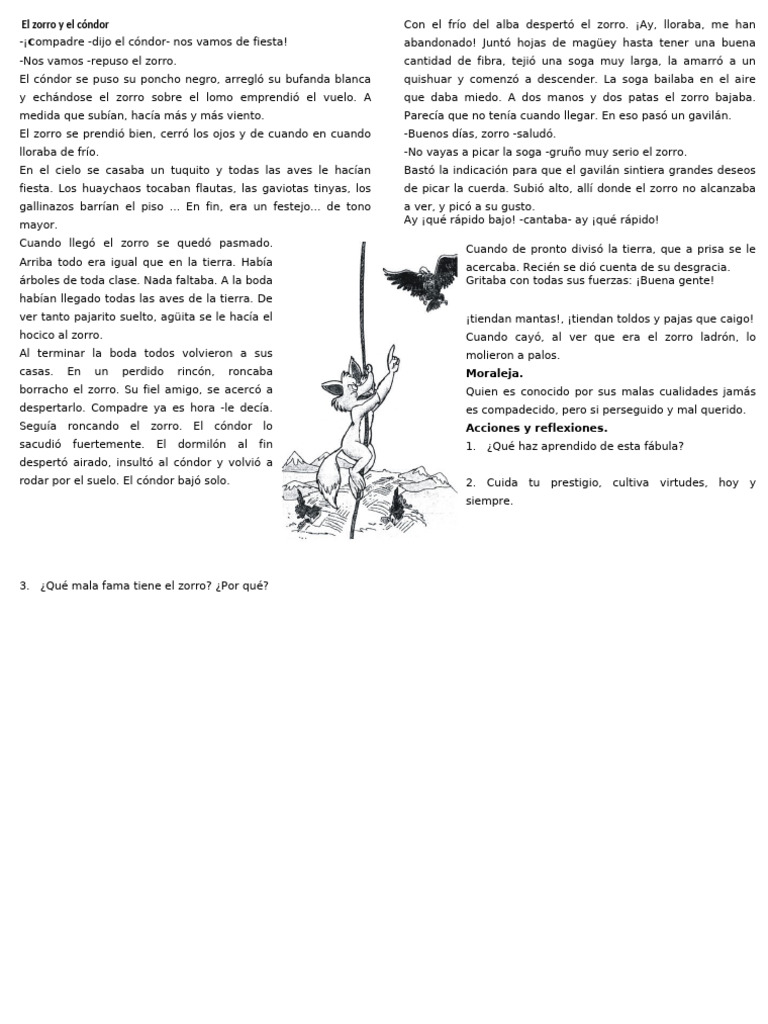 Fábula del zorro y el cóndor: Moraleja | PDF
