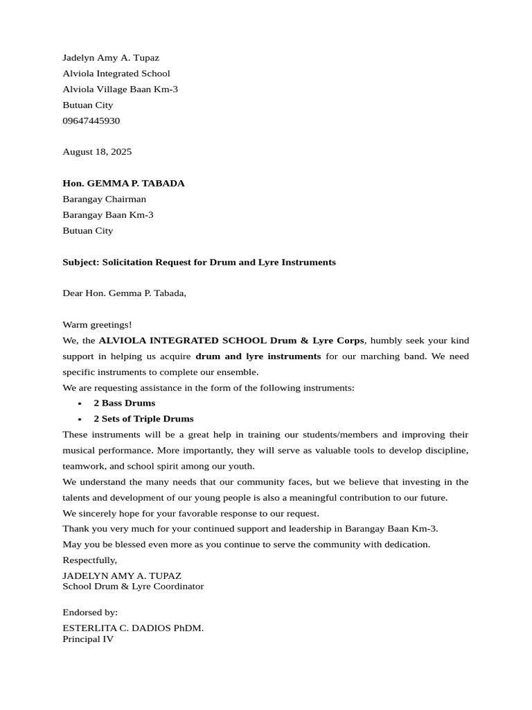 Solicitation Letter To Barangay Captain | PDF