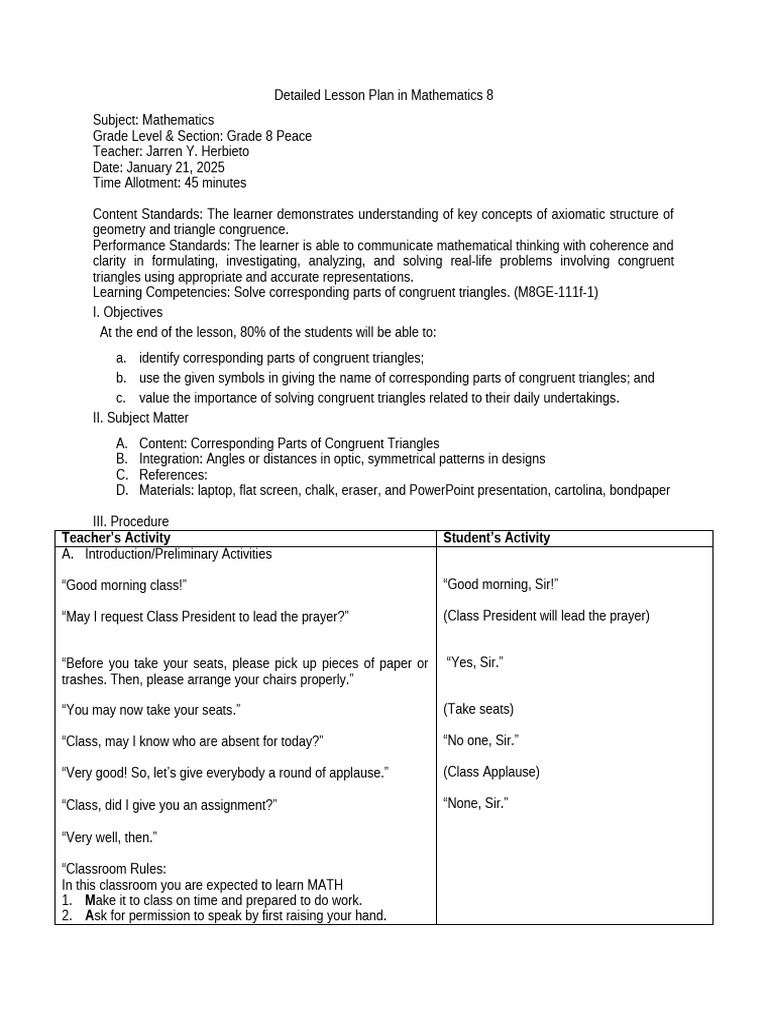 Lesson Plan For Class Observation 8 Pdf Triangle Euclidean Geometry