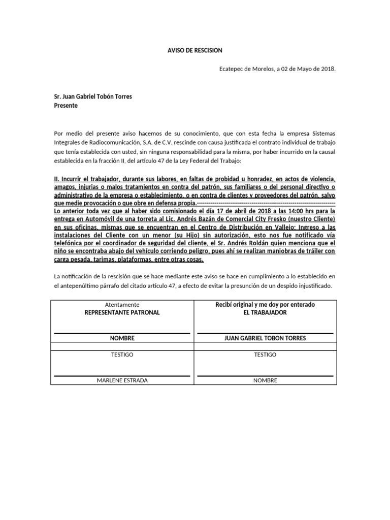 Aviso de Rescisión de Contrato Laboral | PDF