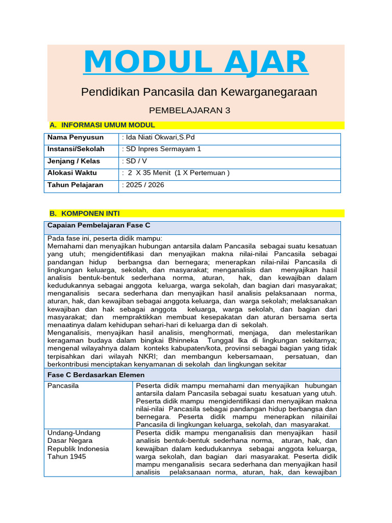 Modul Ajar Pendidikan Pancasila Kls 5 | PDF