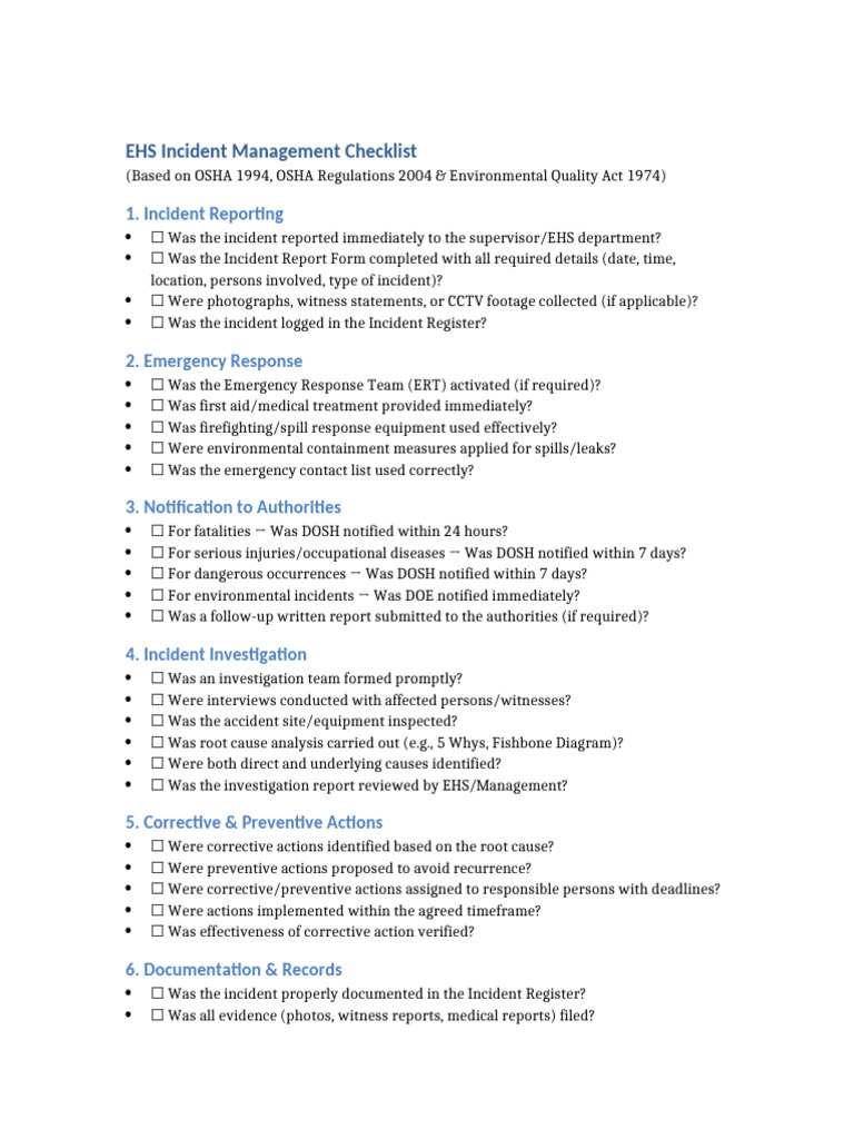 EHS Incident Management Checklist | PDF | Occupational Safety And ...