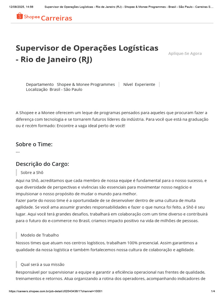 Supervisor Logístico - Rio de Janeiro | PDF | Gestão de recursos humanos