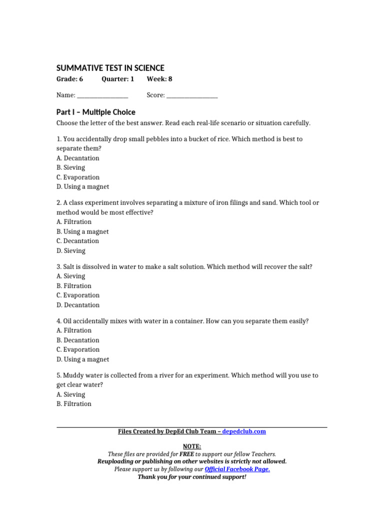 Grade 6 Science Separation Methods Test | PDF | Filtration | Chemistry