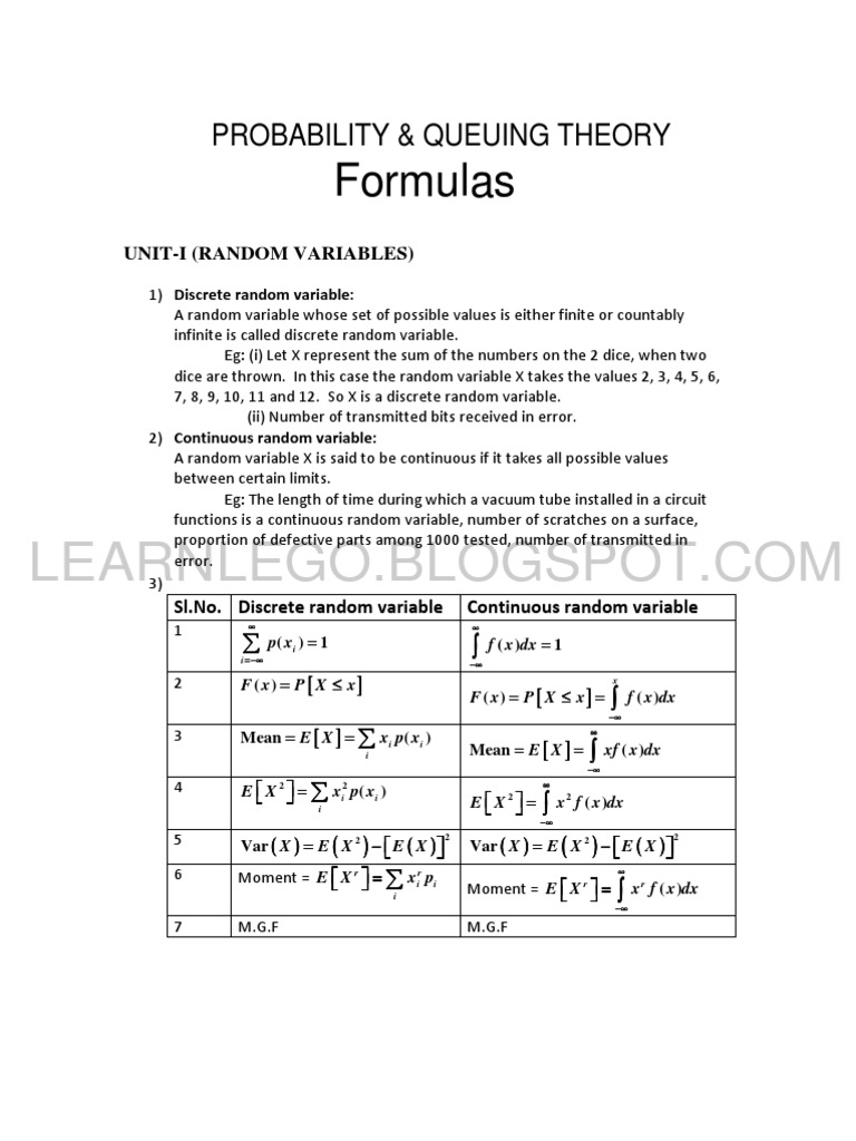 Probability & Queuing Theory Formulas | PDF | Stochastic Process | Probability Distribution