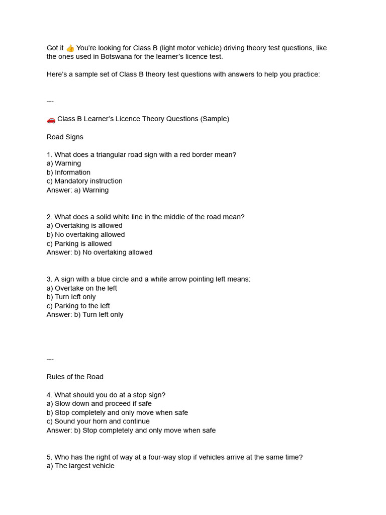 Class B Driving Theory Test Questions | PDF | Traffic | Driving