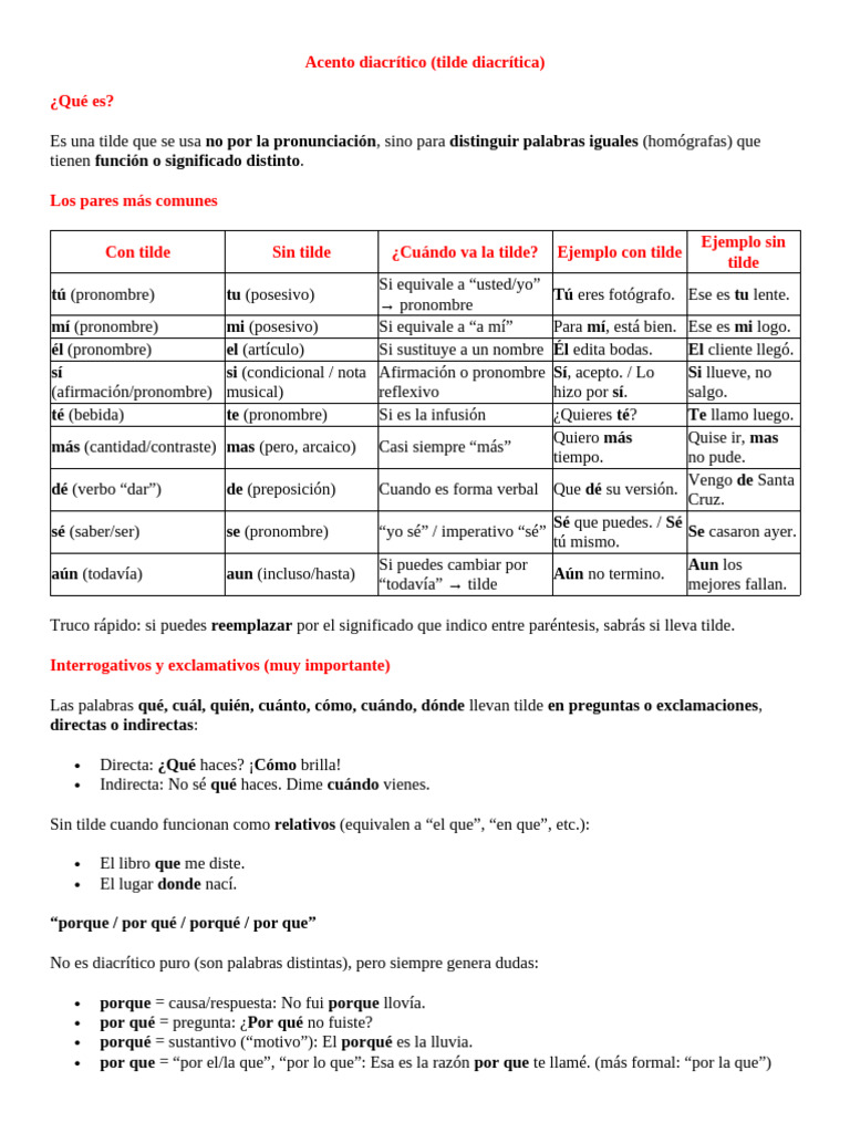 Uso del Acento Diacrítico en Español | PDF | Pronombre | Gramática