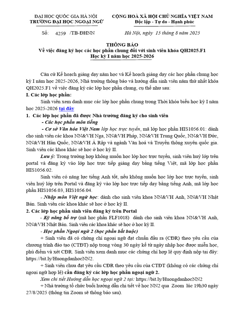 TB 4259 (15.8.2025) - TB Đăng Ký Các L P HP Chung - HK1 - 2526 QH2025 | PDF