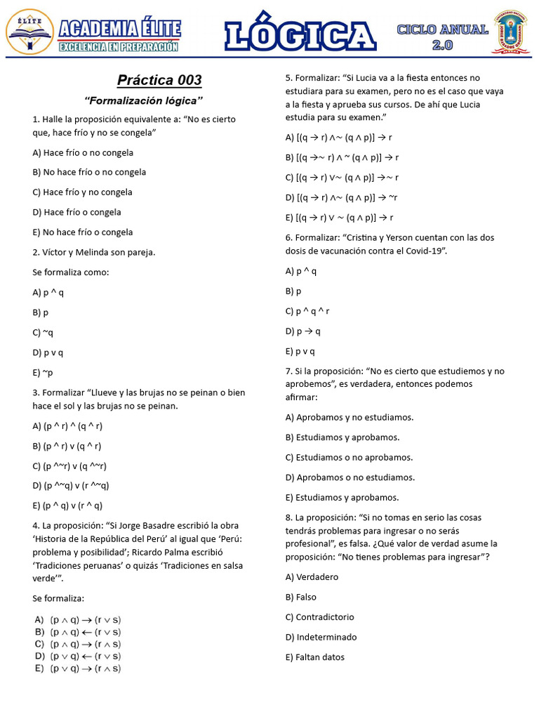 Práctica 003 LOGICA | PDF | Proposición | Lógica