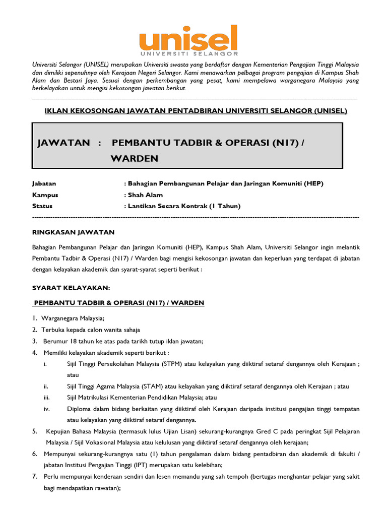 Iklan Pentadbiran Pembantu Tadbir Dan Operasi Warden 2025 | PDF