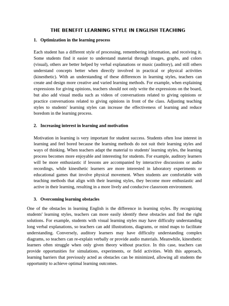Benefits of Learning Styles in English Teaching | PDF | Learning Styles ...