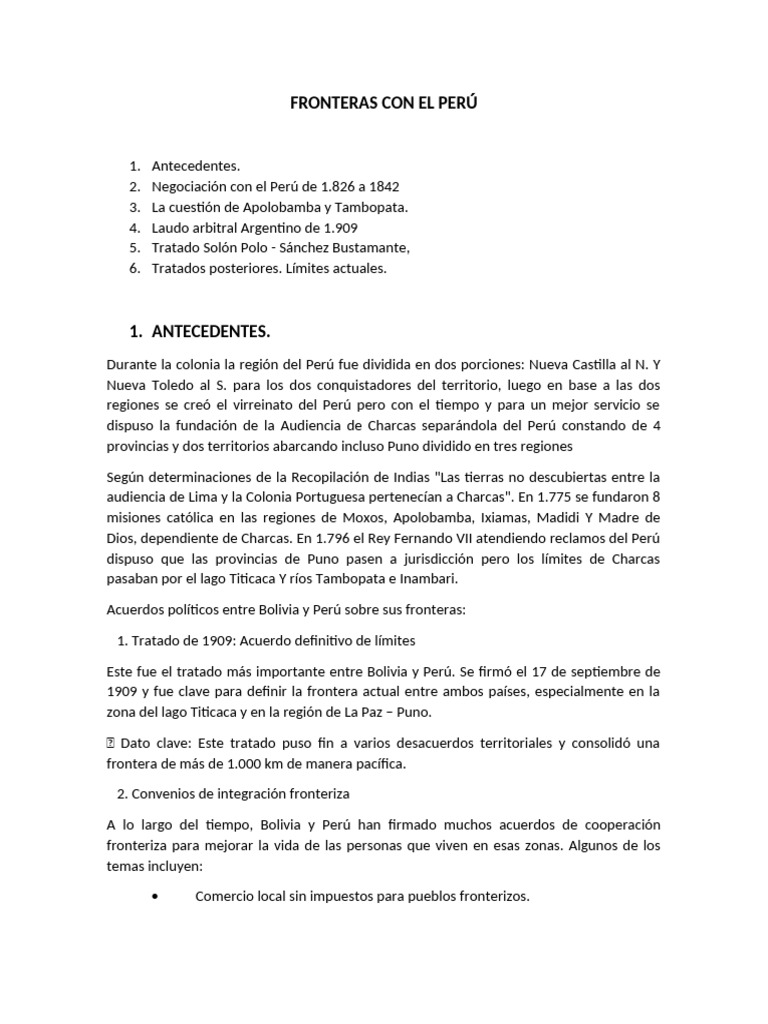 Fronteras Con El Perú | PDF | Bolivia | Perú
