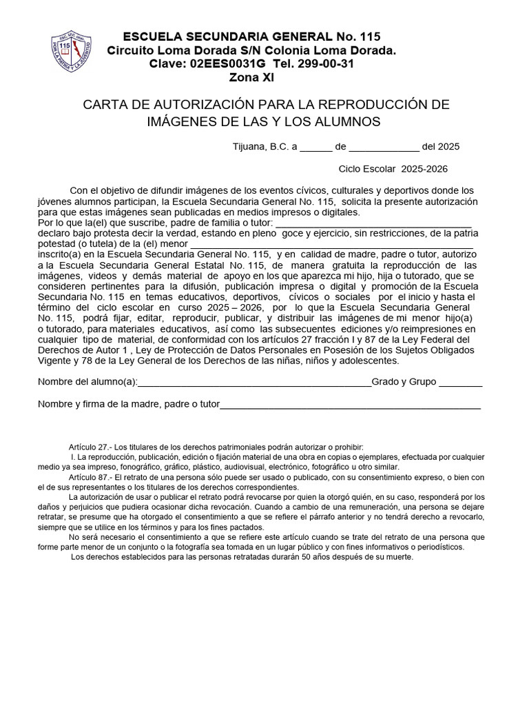 Carta de Autorizaci-N para La Reproducci-N de Im-Genes de Las y Los ...