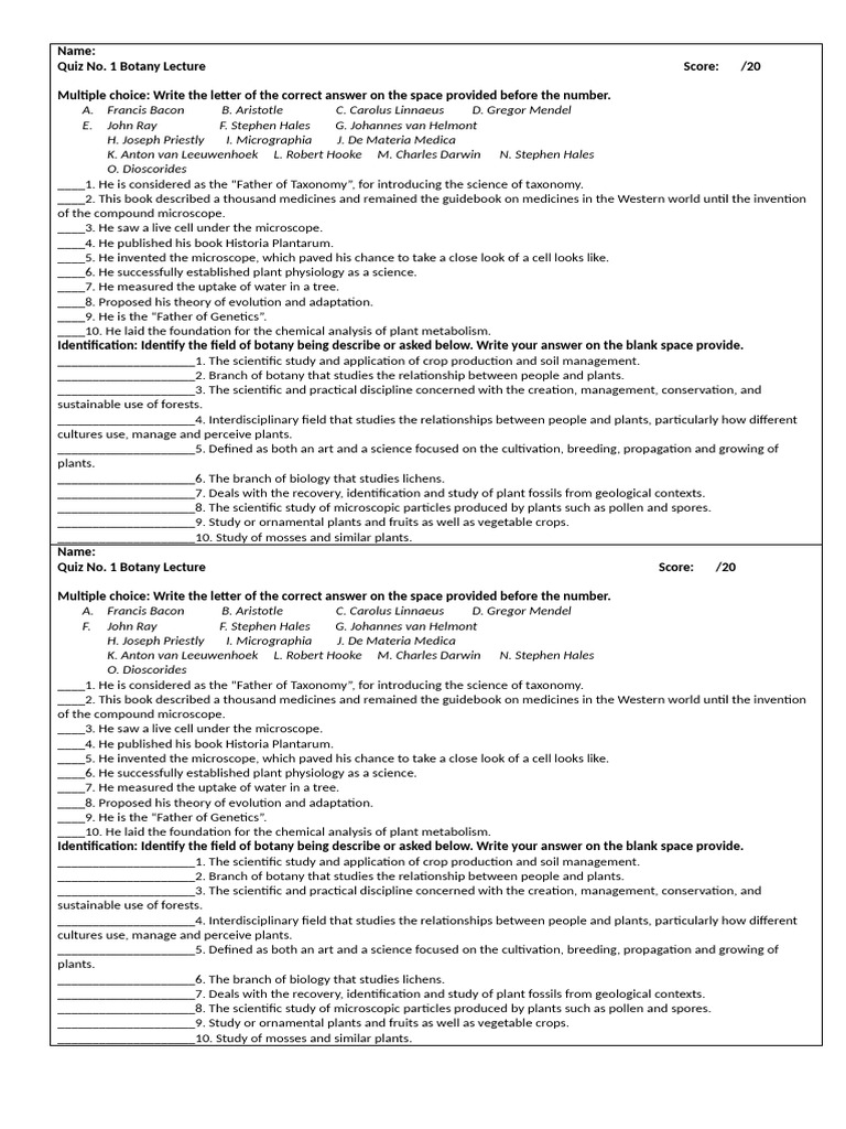 Botany Quiz: Taxonomy and Plant Fields | PDF | Plants | Botany