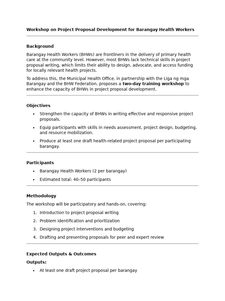 Workshop On Project Proposal Development For Barangay Health Worker1 | PDF