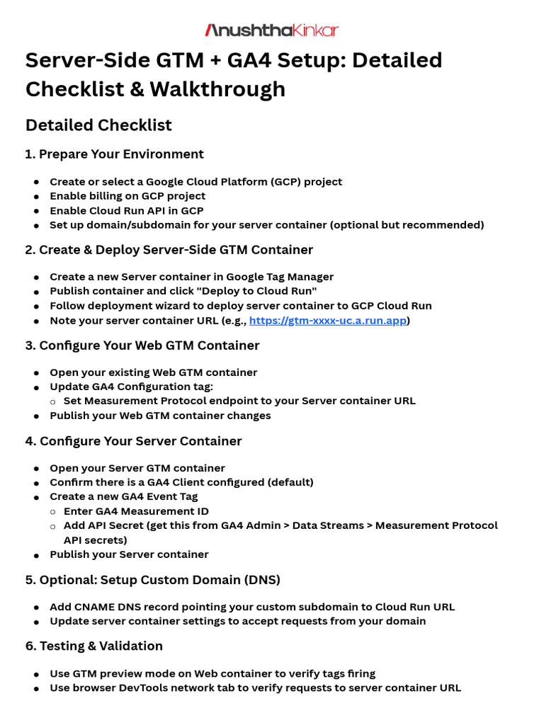 Server-Side GTM + GA4 Setup Detailed Checklist & Walkthrough | PDF ...