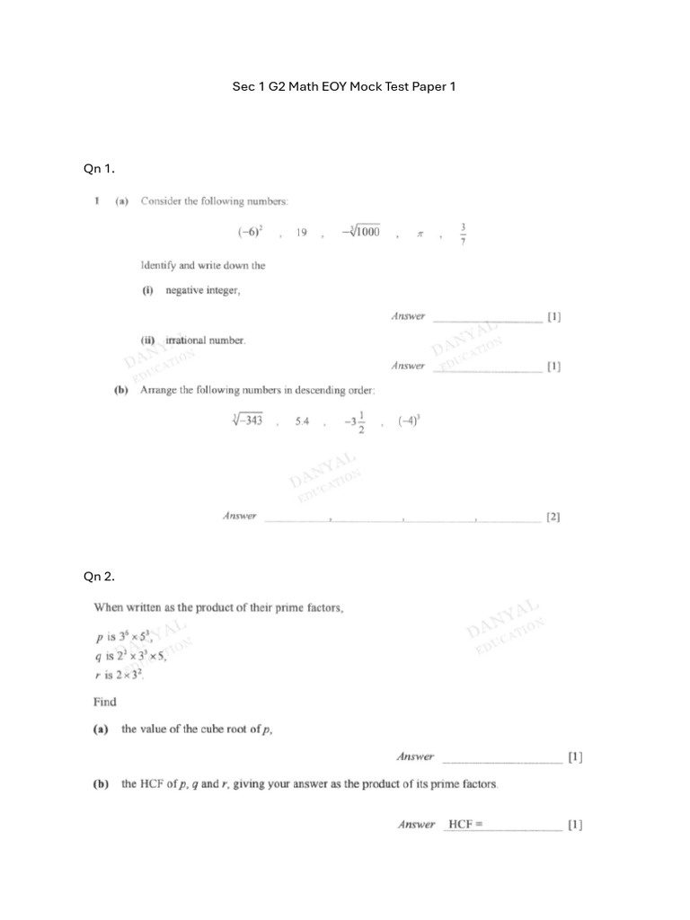 Sec 1 G2 Math EOY Mock Test Paper 1 | PDF