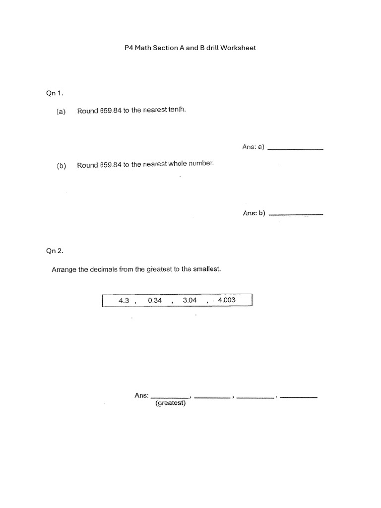 P4 Math Section a and B Drill Worksheet | PDF