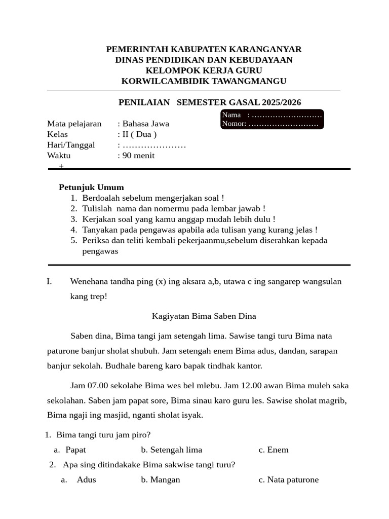 Soal Mid Sem 1 Bahasa Jawa Kls 2 | PDF