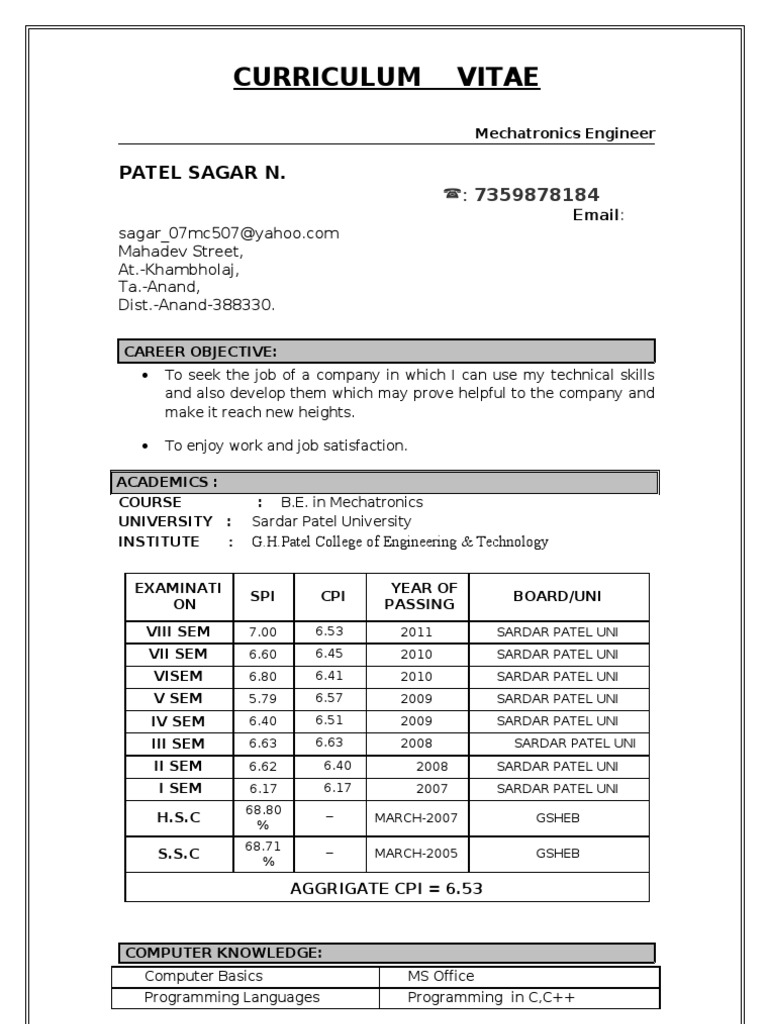 Mechatronics Engineer CV - Sagar Patel | PDF