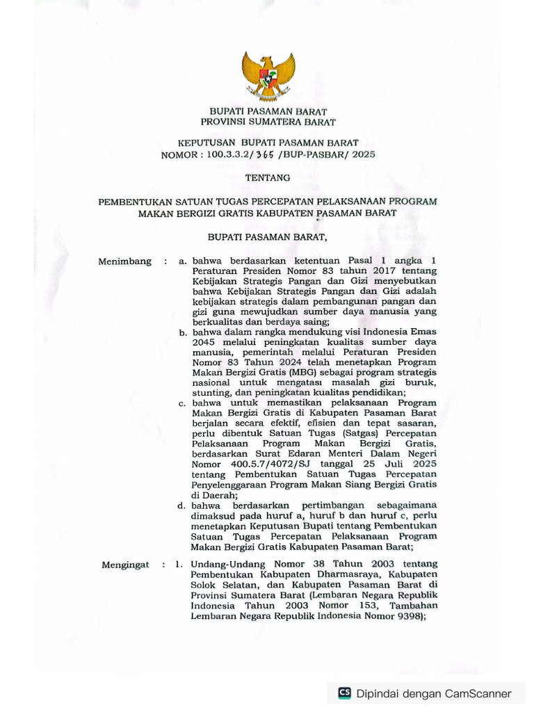 SK Pembentukan Satuan Percepatan Pelaksanaan Program Makan Bergizi Gratis Kabupaten Pasaman ...