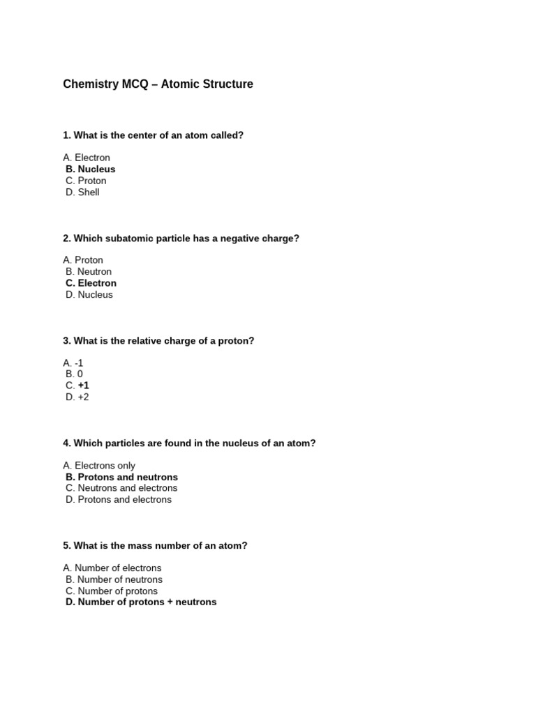Atomic Structure MCQs for Chemistry | PDF
