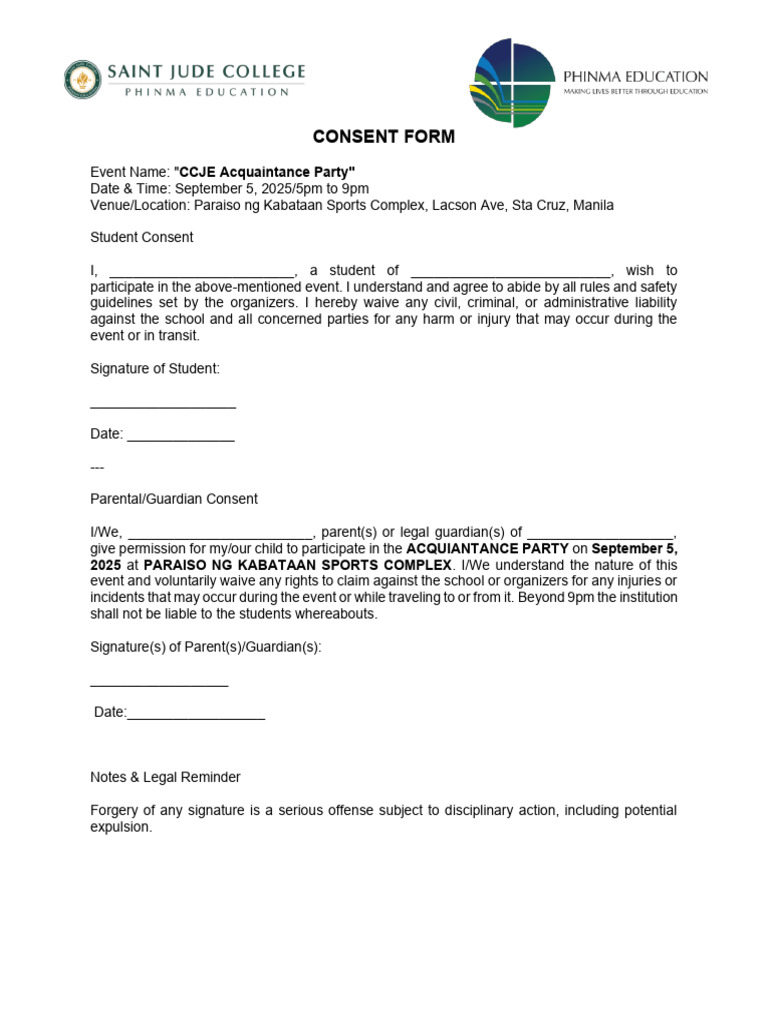 Consent Form Acquiantance Party 1 | PDF
