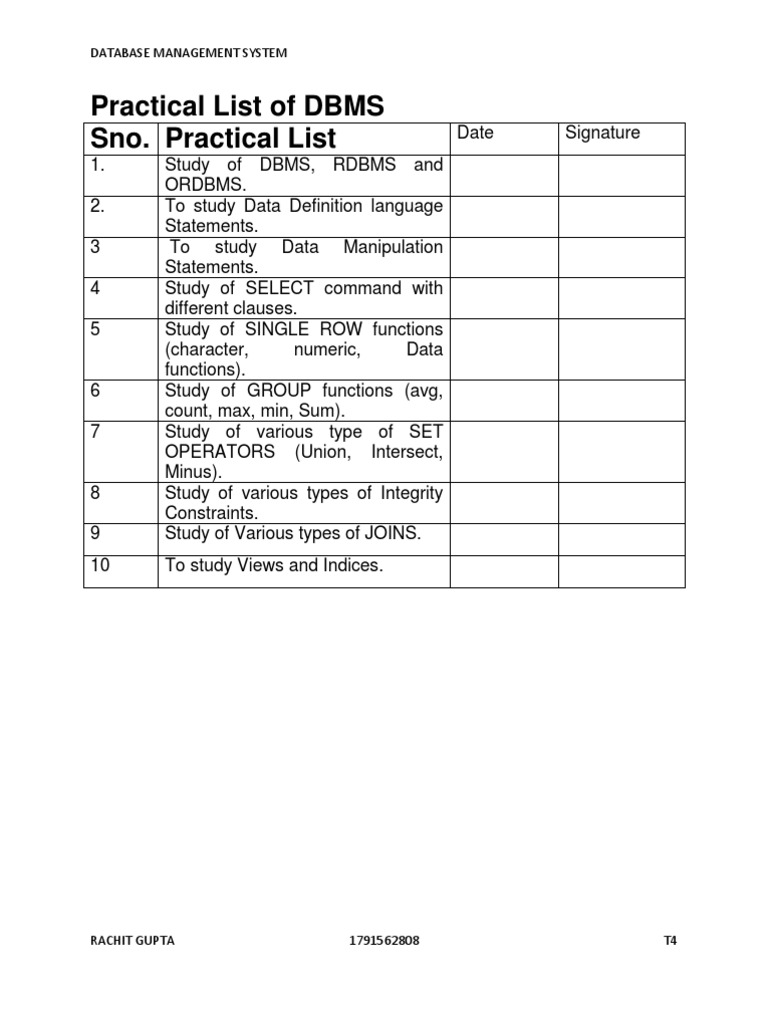 Practical List of DBMS | Database Index | Table (Database)
