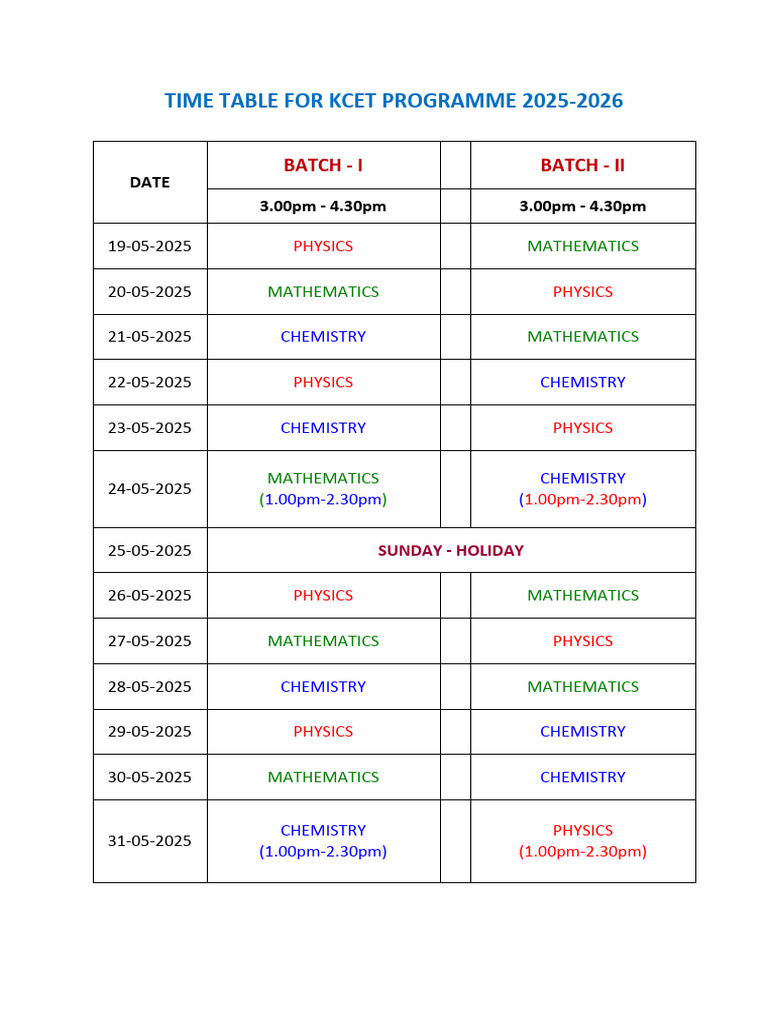 KCET 2025 Time Table Overview | PDF