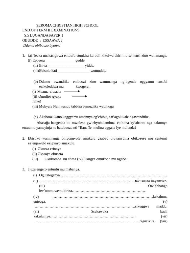 s5 Luganda Paper 2 Beginning of Term 2 | PDF