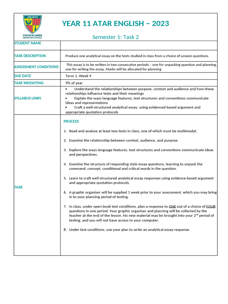 Year 11 ATAR English Essay Guidelines | PDF | Essays | Cognition